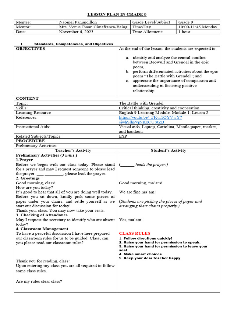 LessonPlan-THE-BATTLE-OF-GRENDEL | PDF | Beowulf