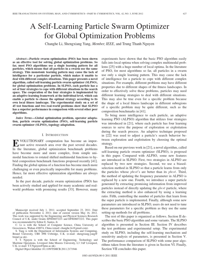 A Self-Learning Particle Swarm Optimizer For Global Optimization Problems (1) - Kopya | PDF ...