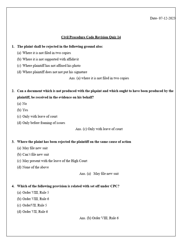 Civil Procedure Code Revision Quiz | PDF | Lawsuit | Discovery (Law)