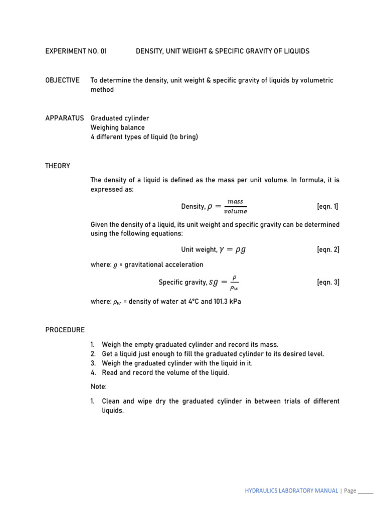 Density, Unit Weight & Specific Gravity of Liquids | PDF | Density | Weight