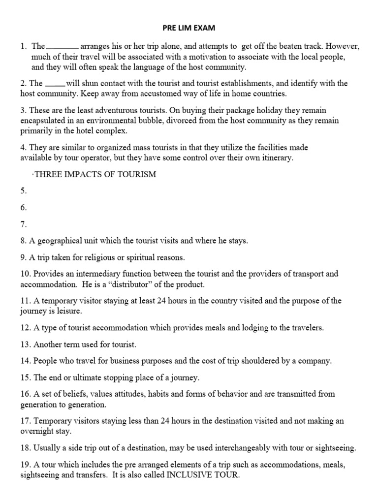 Pre Lim Exam | PDF | Tourism | Transport