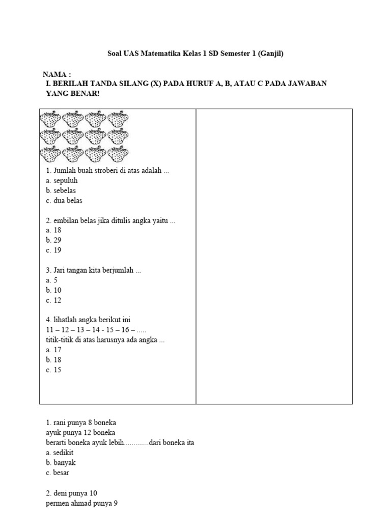 Soal UAS Kelas 1 SD Semester 1 | PDF