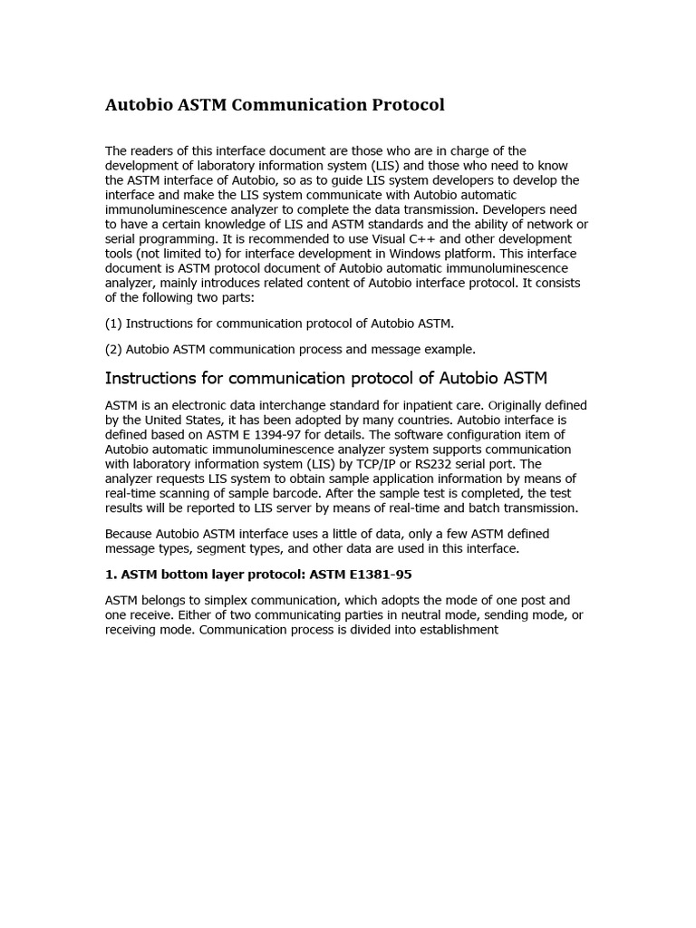Autobio ASTM Communication Protocol Guide | PDF | Communication | Port (Computer Networking)