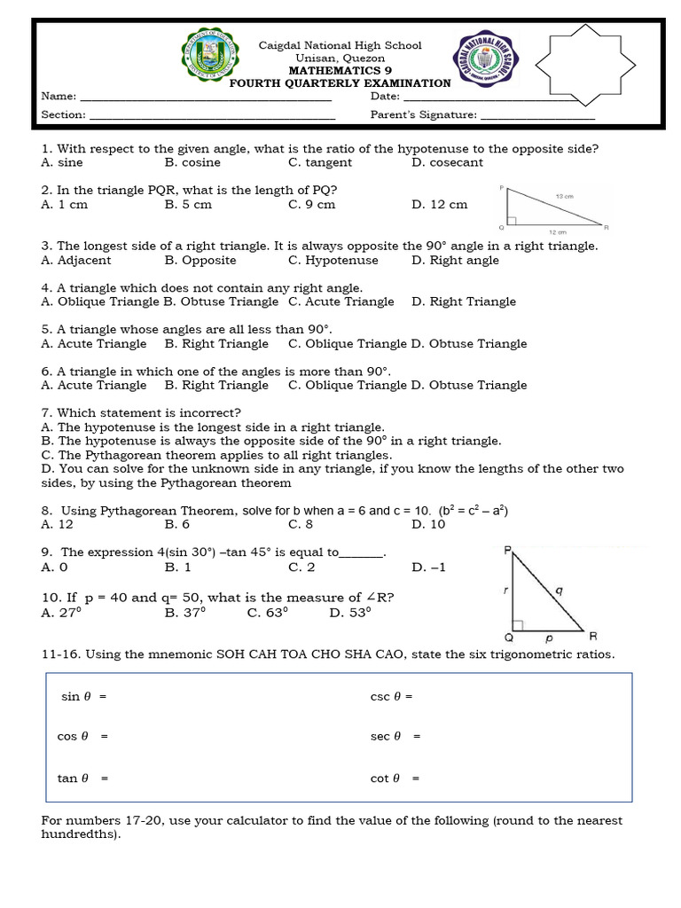 4th Quarter Math 9 | PDF | Triangle | Trigonometric Functions