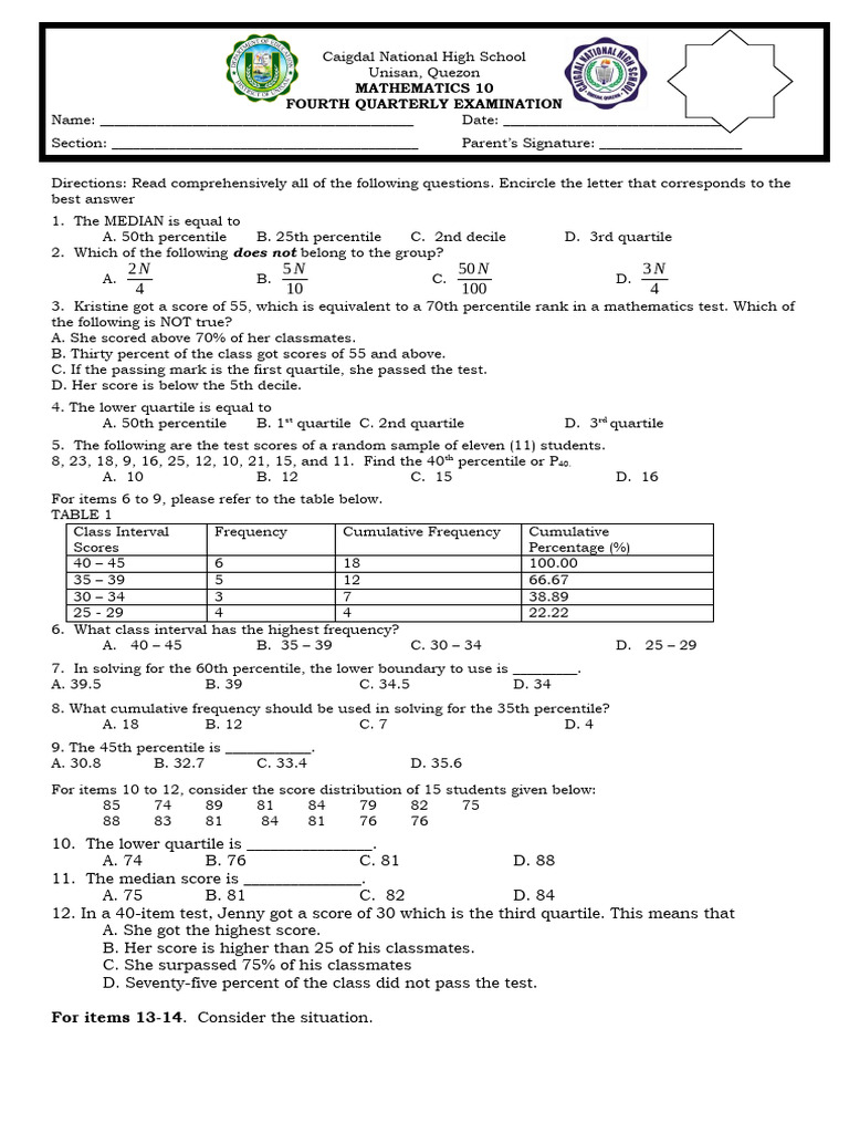 4th Quarter Math 10 | PDF | Percentile | Median
