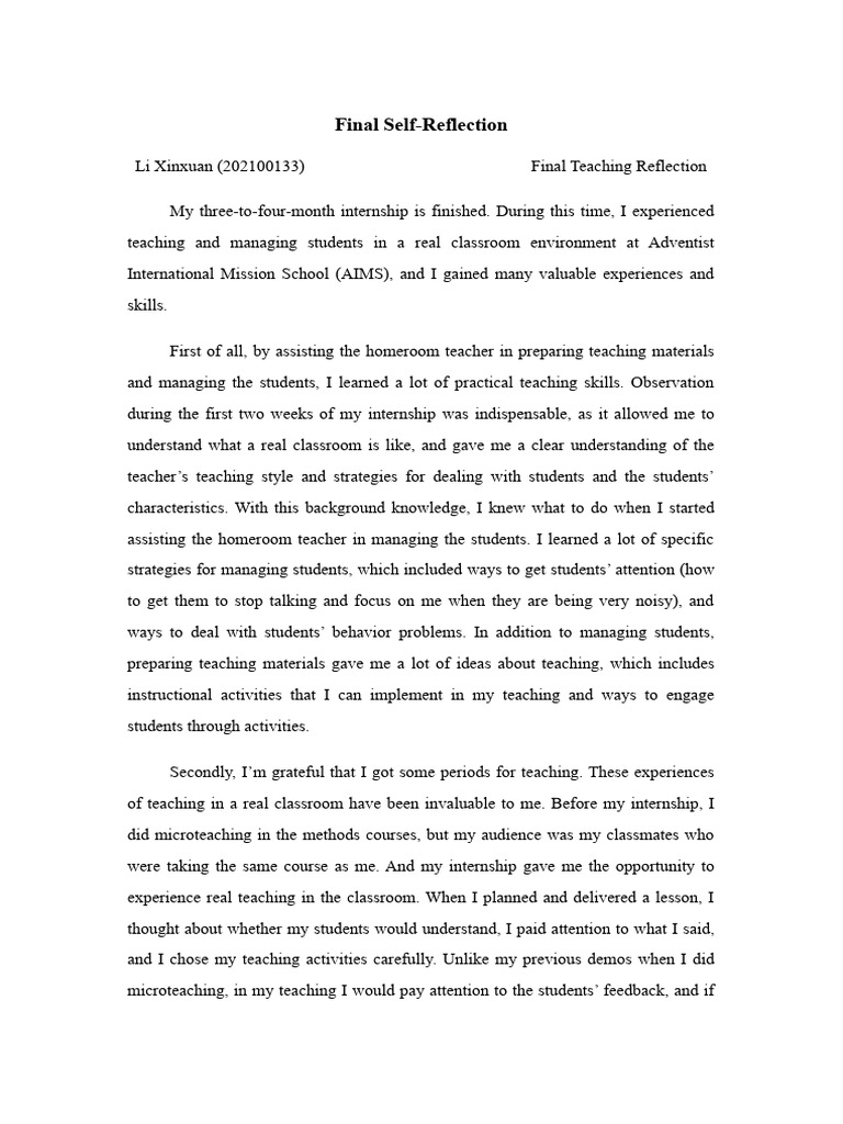 Final Teaching Reflection | PDF | Self-Improvement | Wellness