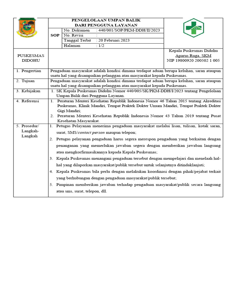 Sop Pengelolaan Umpan Balik Dari Pengguna Layanan | PDF