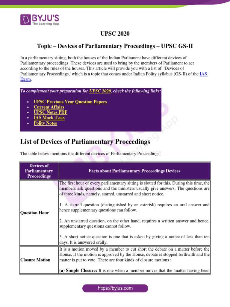 Devices of Parliamentary Proceedings UPSC Notes | PDF | Government ...