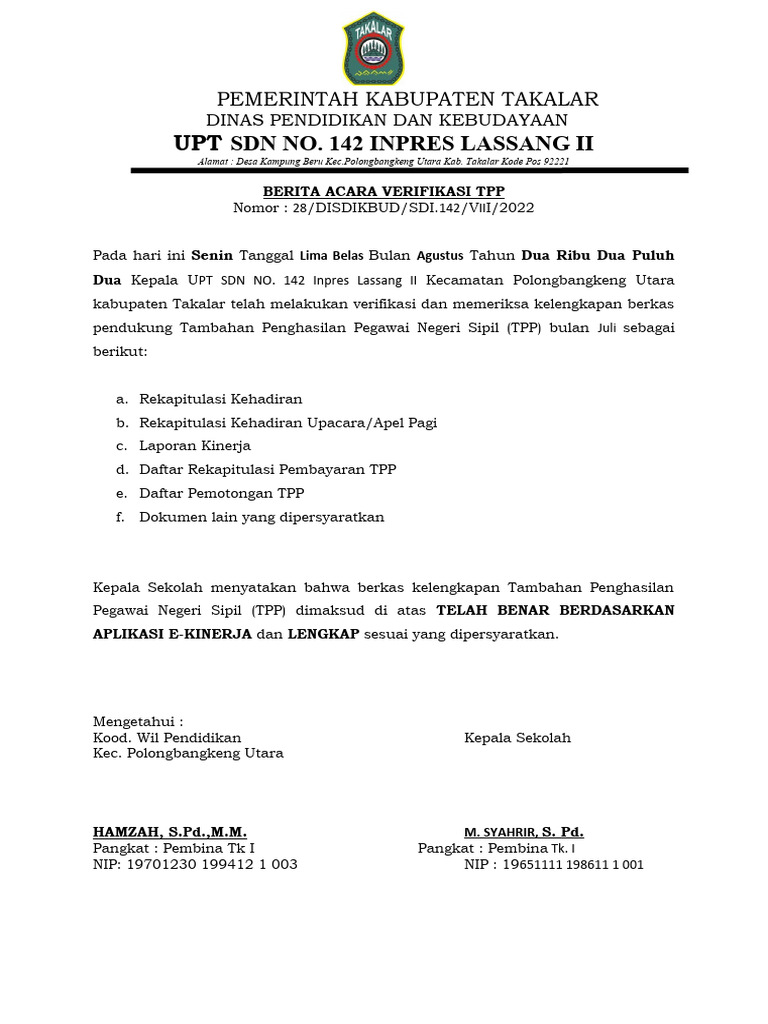 Verifikasi TPP PNS SDN 142 | PDF