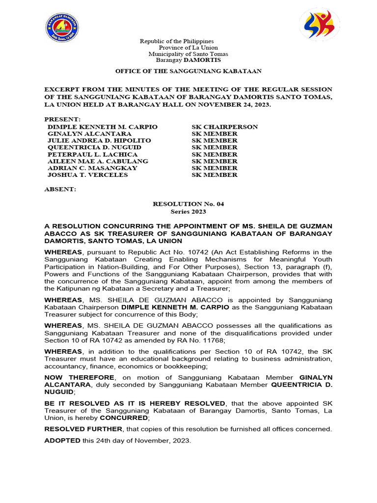 SK Resolution and Appointment of TREAS and SEC | PDF | Youth | Youth ...