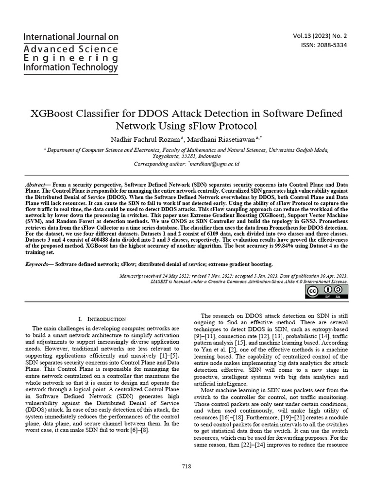 Xgboost Classifier For Ddos Attack Detection In Software Defined Pdf Support Vector Machine