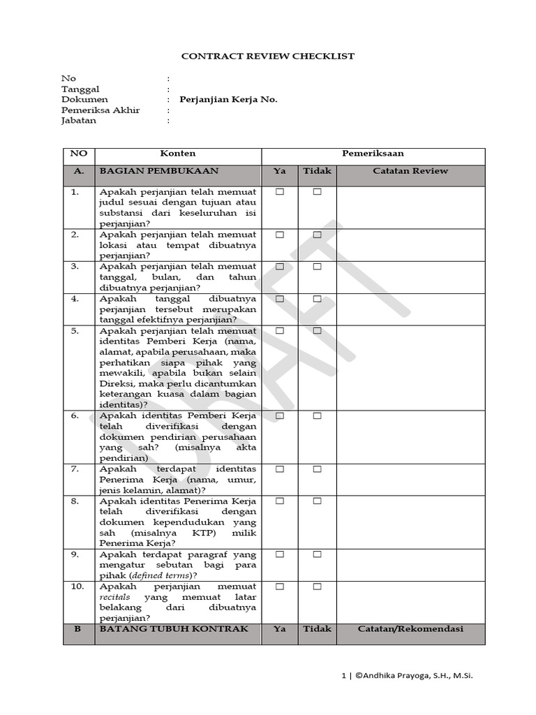 Contract Review Checklist Perjanjian Kerja Pdf