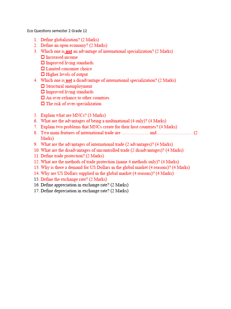 Eco Questions Semester 2 Grade 12 | PDF | Exchange Rate | Balance Of Trade