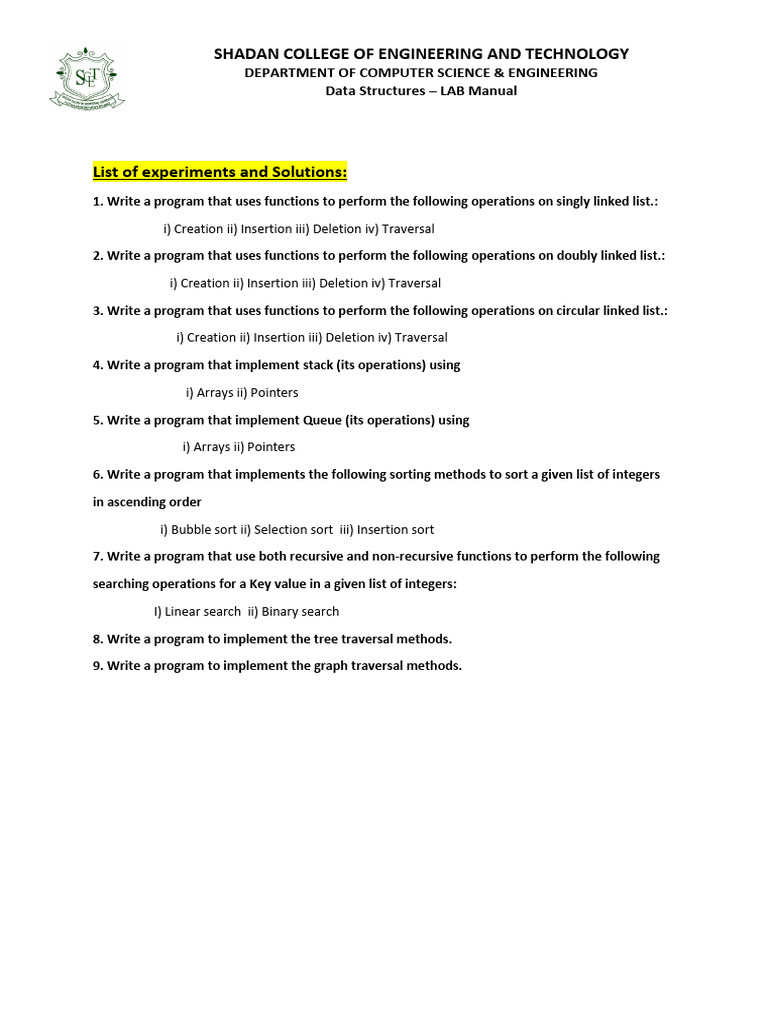 Data Structures Lab Manual Pdf Queue Abstract Data Type Pointer Computer Programming
