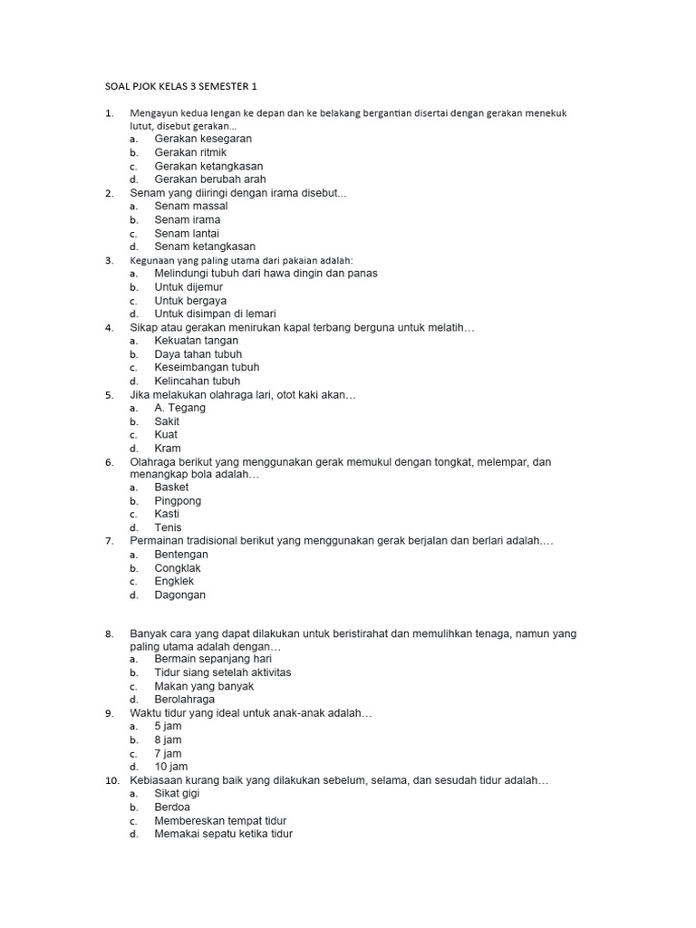 Soal Pjok Kelas 3 Semester 1 | PDF