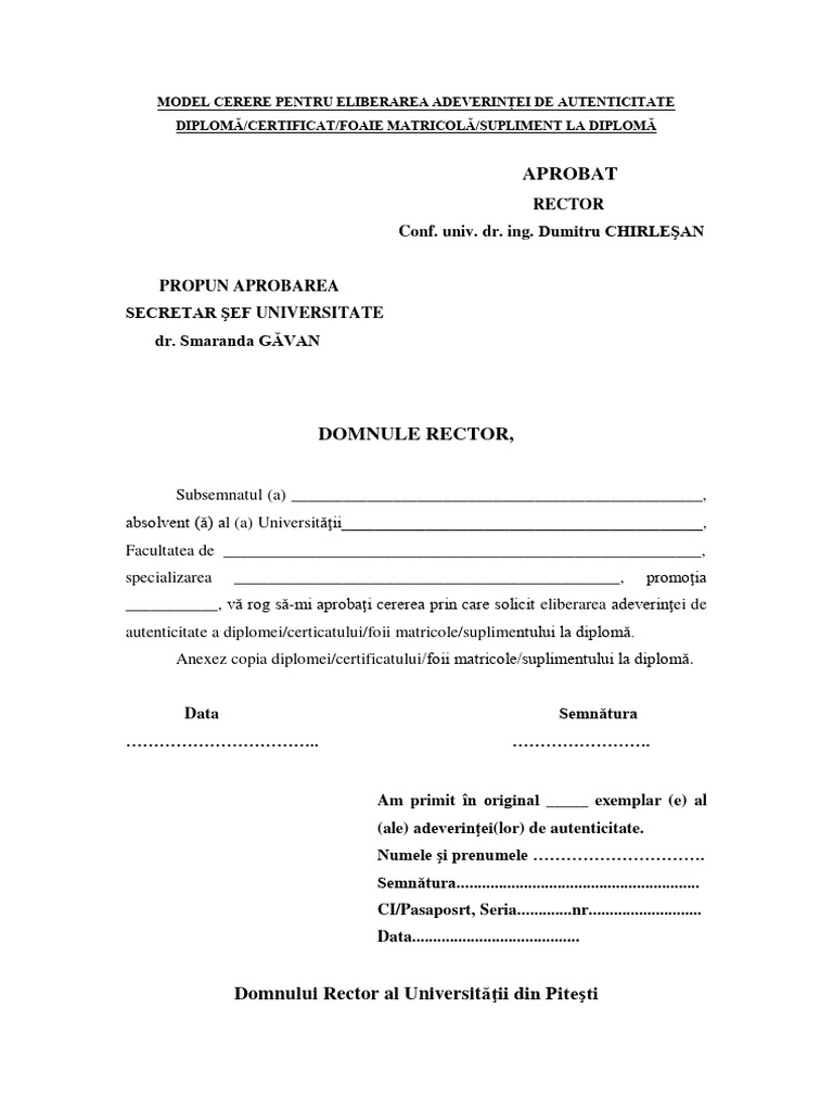 Model Cerere Adeverinta de Autenticitate Rectorat | PDF