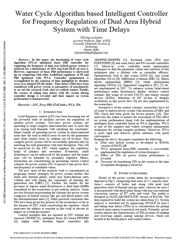 Water Cycle Algorithm Based Intelligent Controller For Frequency 0178