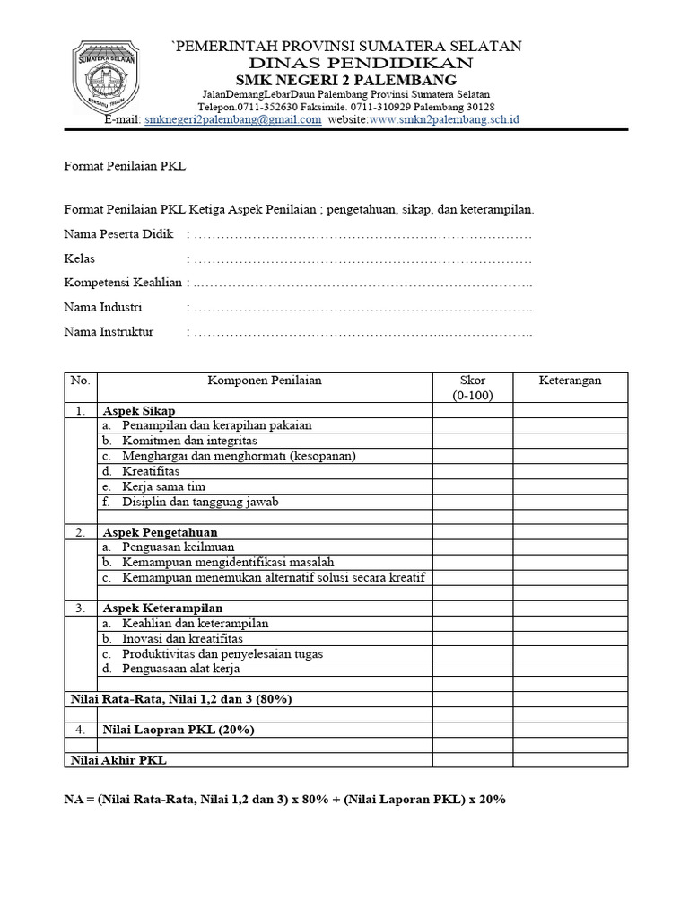 Format Penilaian PKL SMK N 2 Palembang | PDF