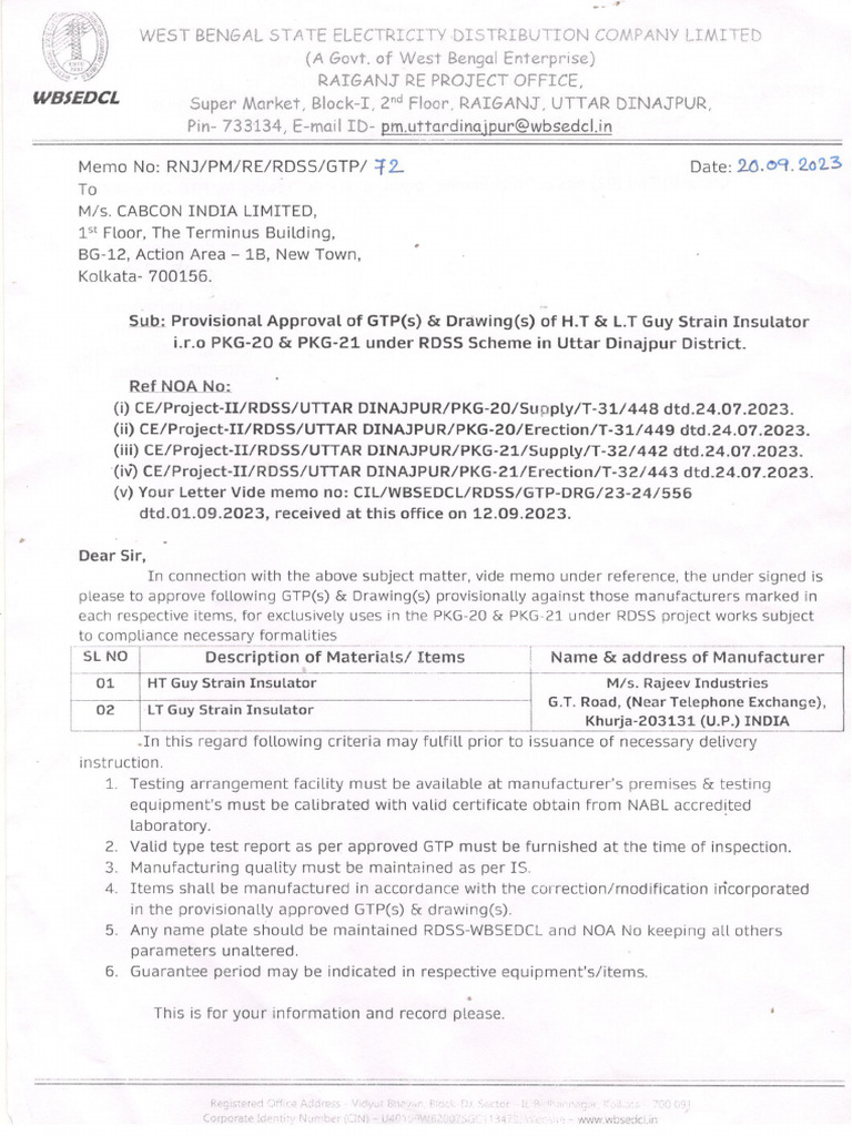 Provisional Approval of GTP & Drawing of HT & LT Guy Strain Insulators ...