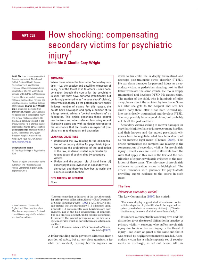 How Shocking Compensating Secondary Victims for Psychiatric Injury ...