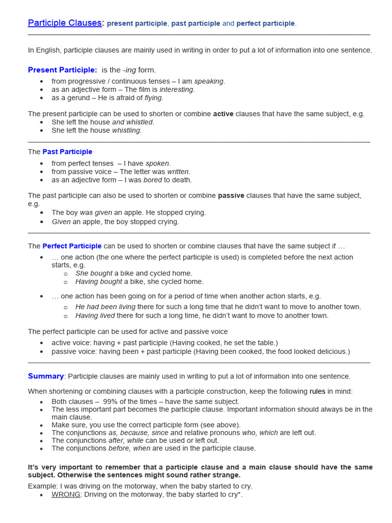 Participle Clauses Explanation Exercises Part 1 With Ans | PDF ...