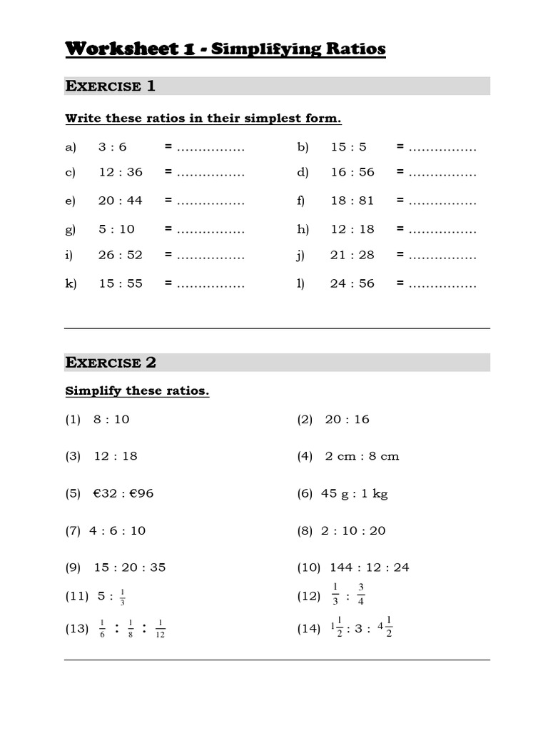 Ratio Simplification & Comparison Worksheets | PDF | Ratio | Triangle