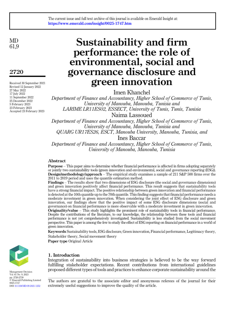 Sustainability and Firm Performance The Role of Environmental Social and Governance Disclosure ...