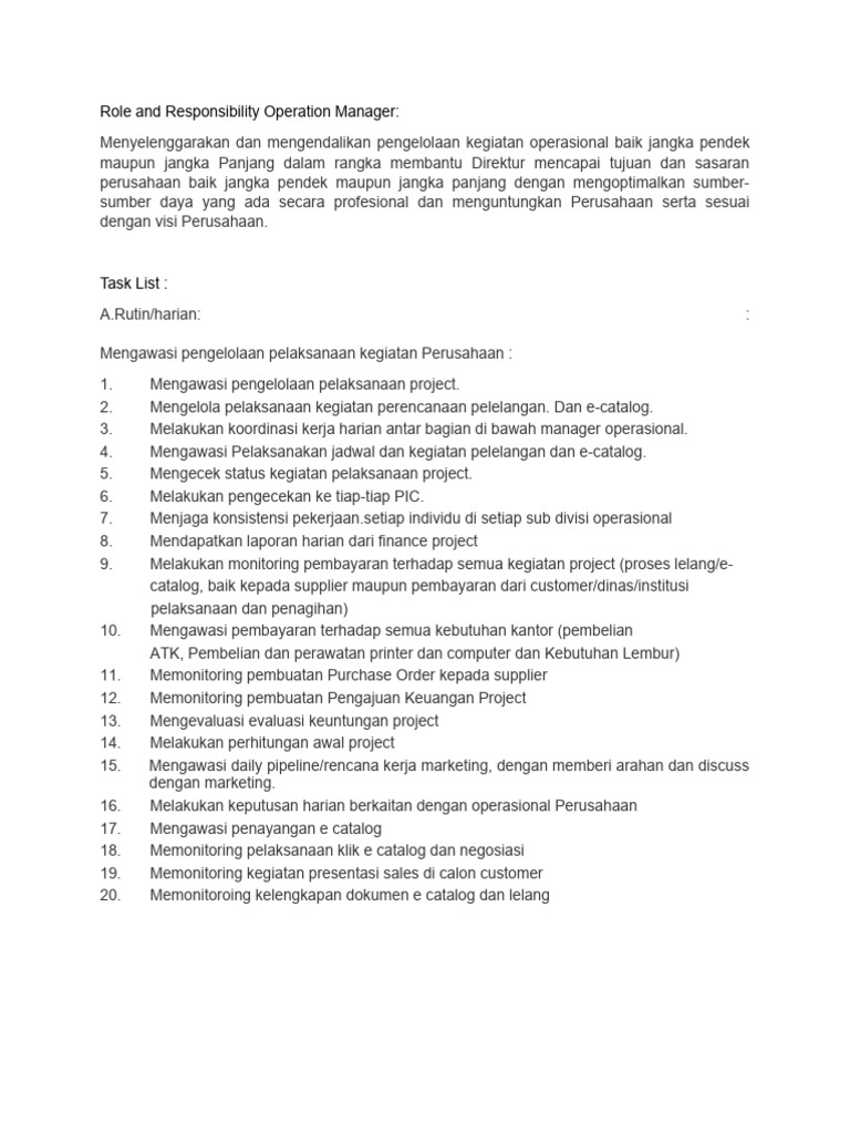 Role and Responsibility Operation Manager | PDF