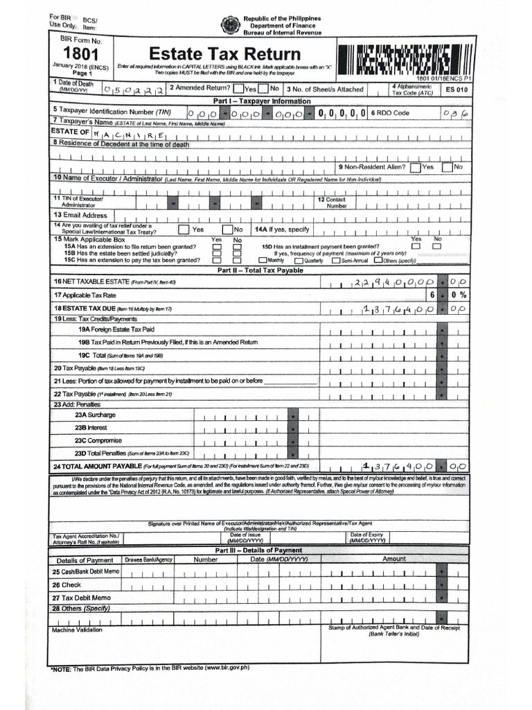 Estate Tax_BIR Form 1801 | PDF