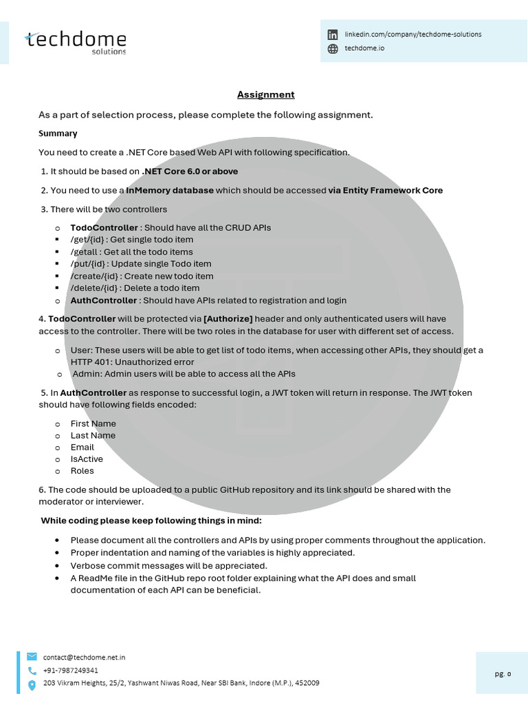 Dot Net Assignment - Techdome | PDF | Databases | Software