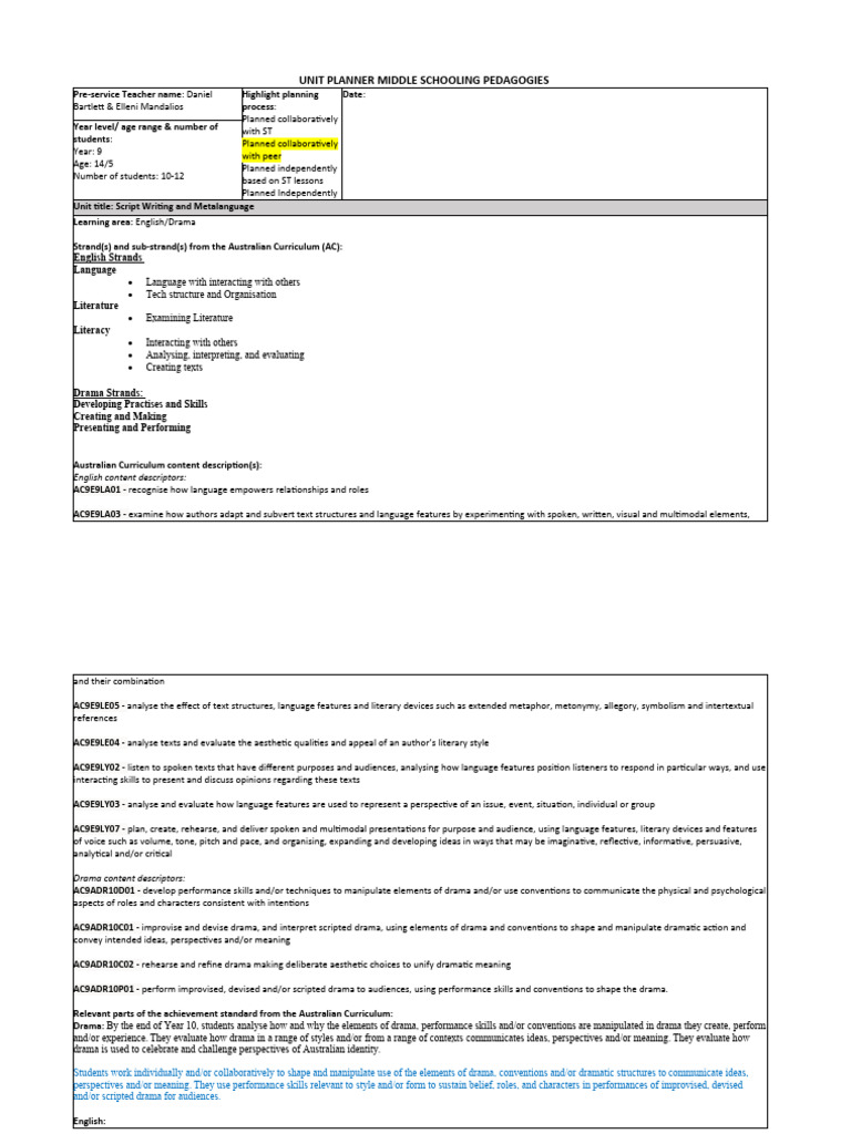 Year 9 Script Writing & Drama Unit | PDF