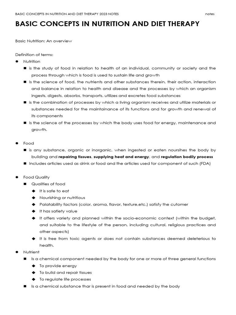 Nutrition and Diet Therapy Basics 2023 | PDF | Nutrients | Nutrition