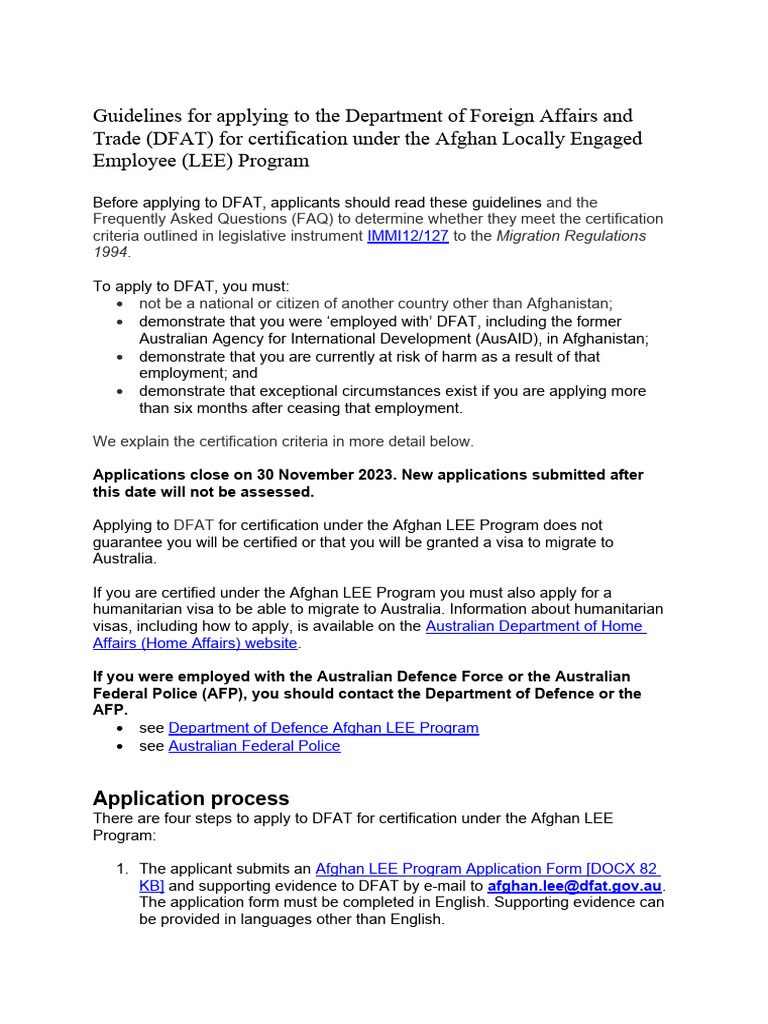 DFAT Afghan LEE Program Application Guide | PDF | Travel Visa | Employment