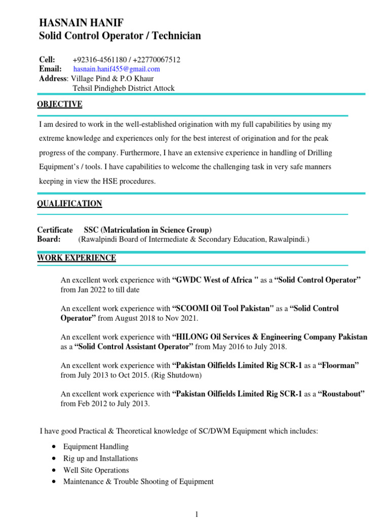 Hasnain Hanif Solid Control Operator | PDF