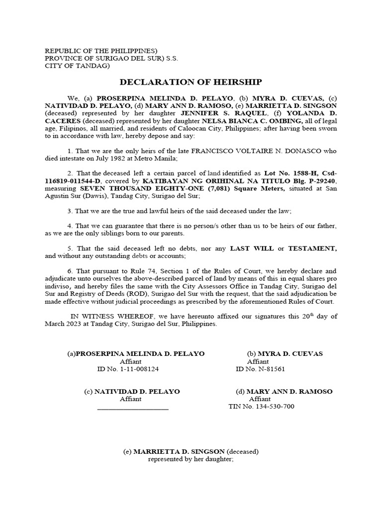 Declaration of Heirship-Hrs of Francisco Voltaire Donasco | PDF | Law