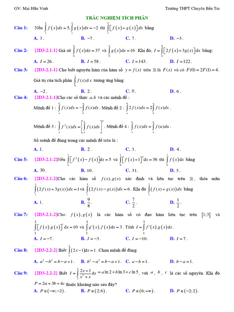 TRẮC NGHIỆM TÍCH PHÂN | PDF