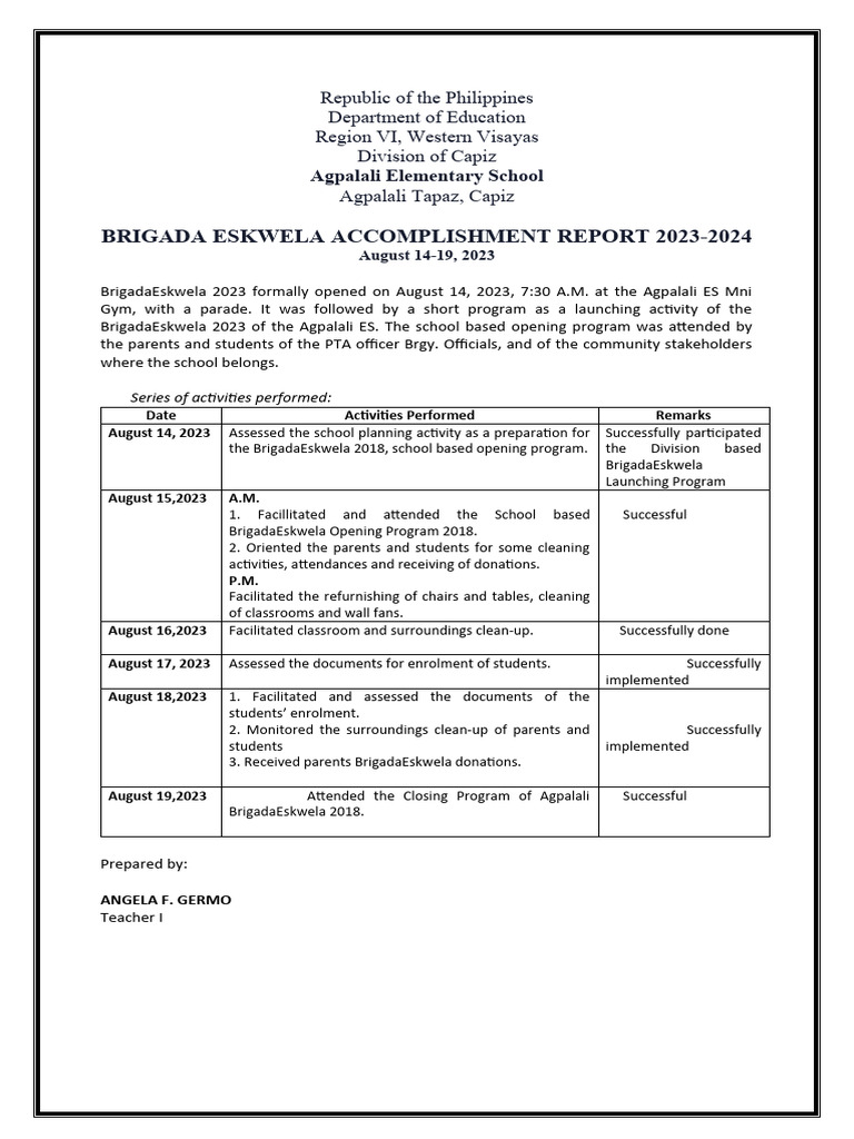 Brigada Eskwela Accomplishment Report | PDF Brigada Eskwela Accomplishment Report | PDF