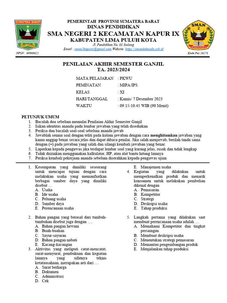 Format Soal PAS GANJIL Kelas XI PKWU | PDF | Bisnis