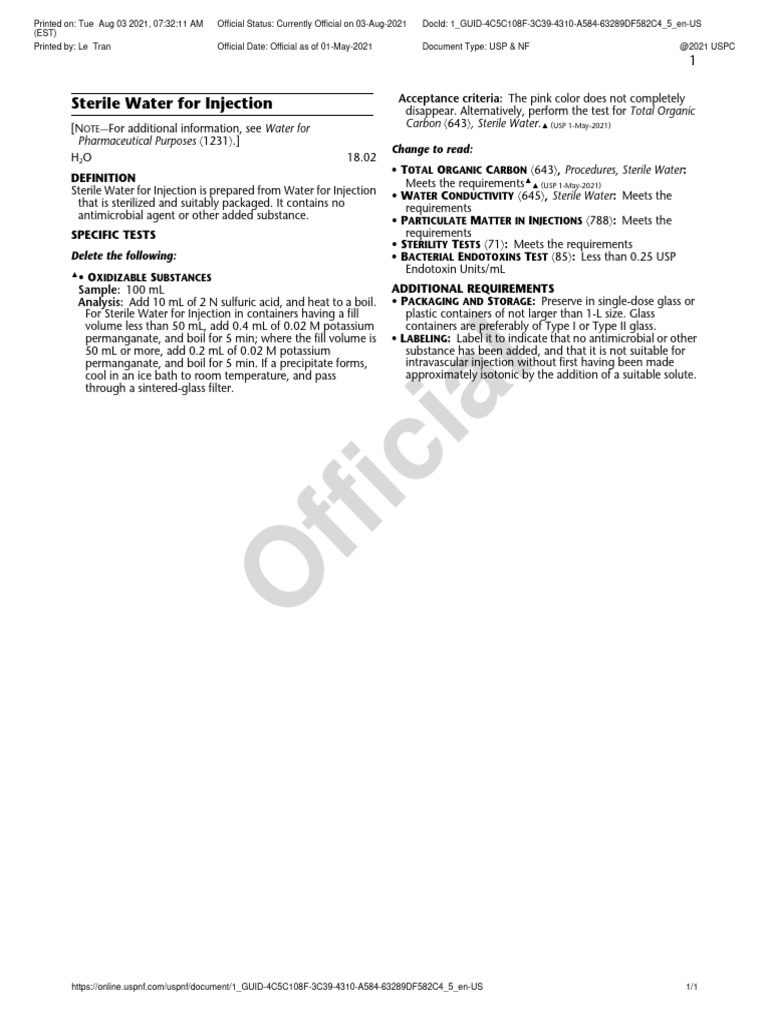 Sterile Water for Injection Guidelines | PDF | Water | Chemical Substances