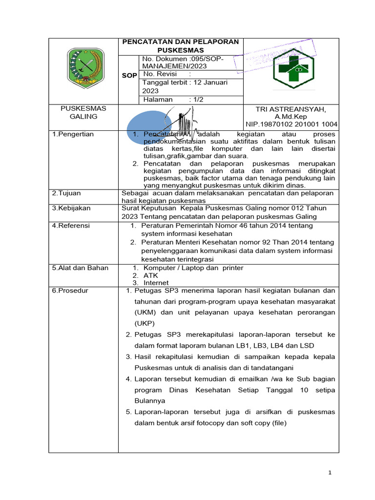 Sop Pencatatan Dan Pelaporan Puskesmas Fix | PDF
