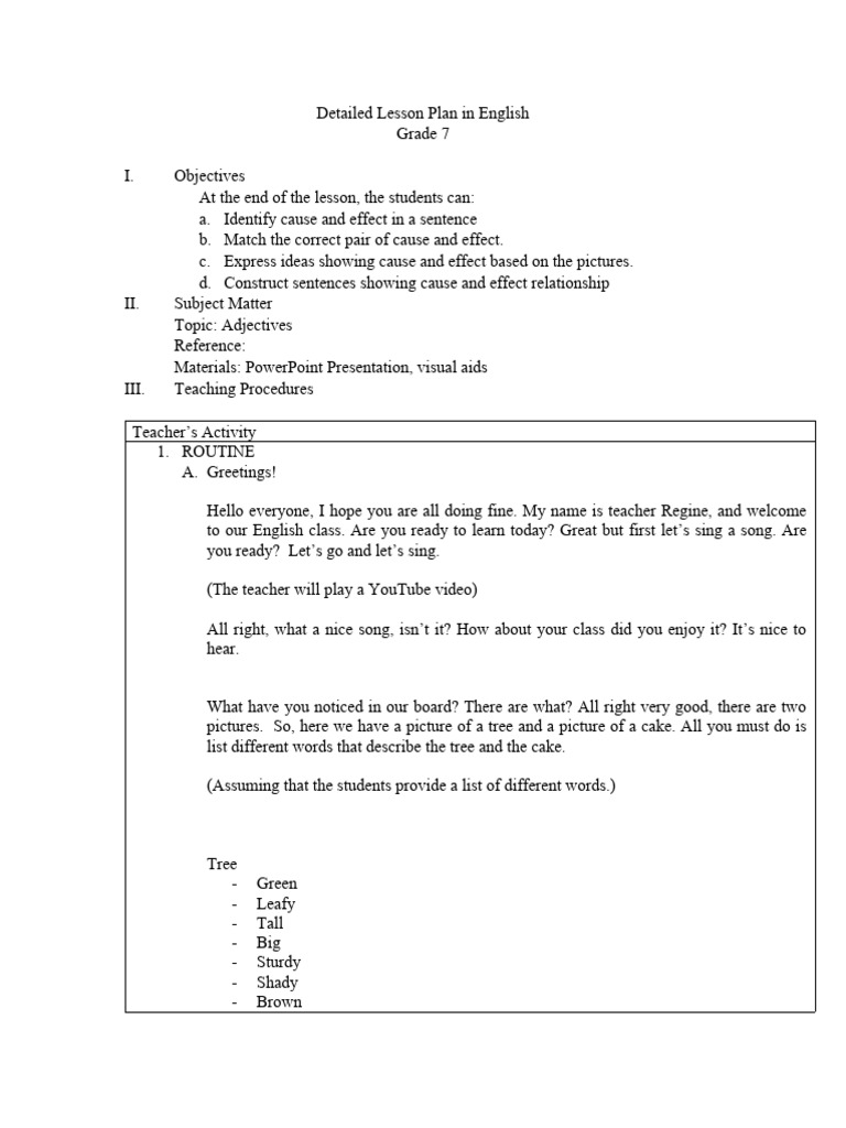 Detailed Lesson Plan in English | PDF | Adjective | Verb