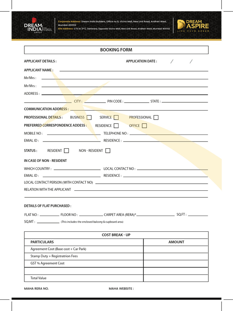 Dream Aspire Mumbai Flat Booking Form | PDF