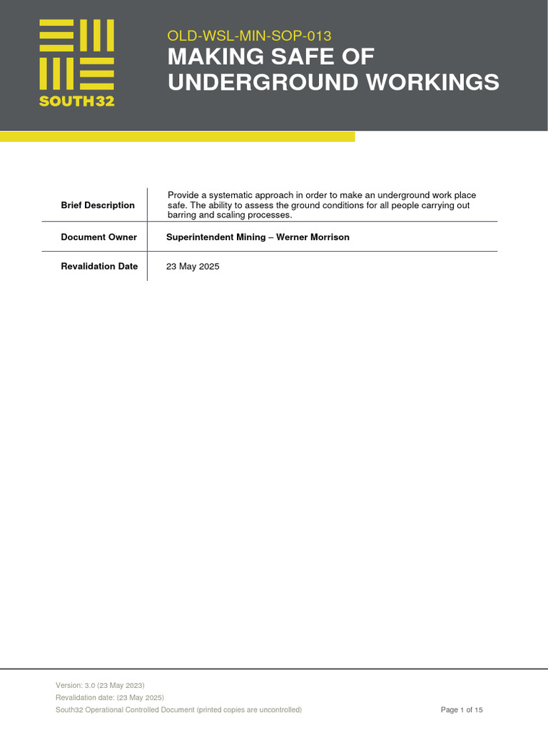 OLD-WSL-MIN-SOP-013 - Making Safe of Underground Workings | PDF | Mining | Regulatory Compliance