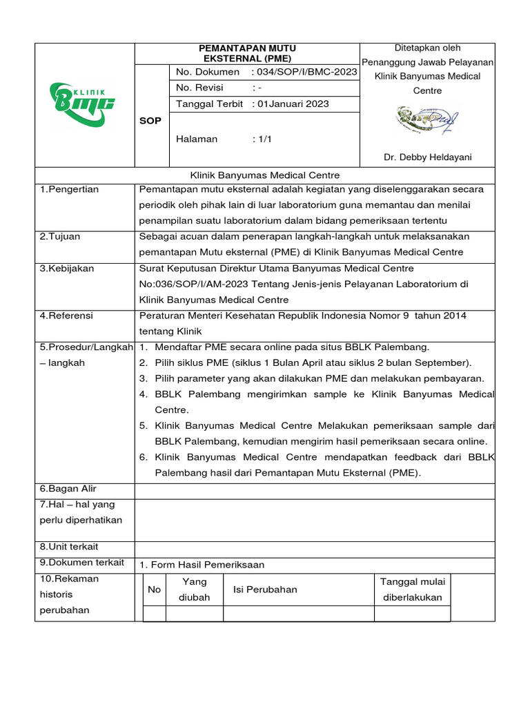 Sop Pme Klinik Bmc (1) | PDF