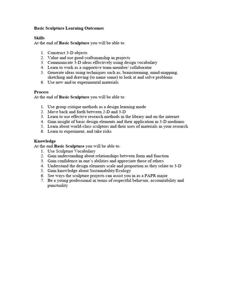 Sculpture Learning Outcomes | PDF