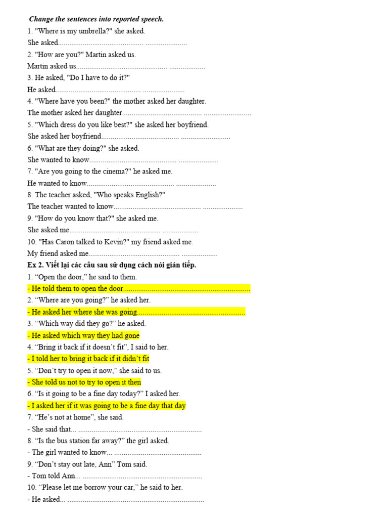 Change the sentences into reported speech | PDF