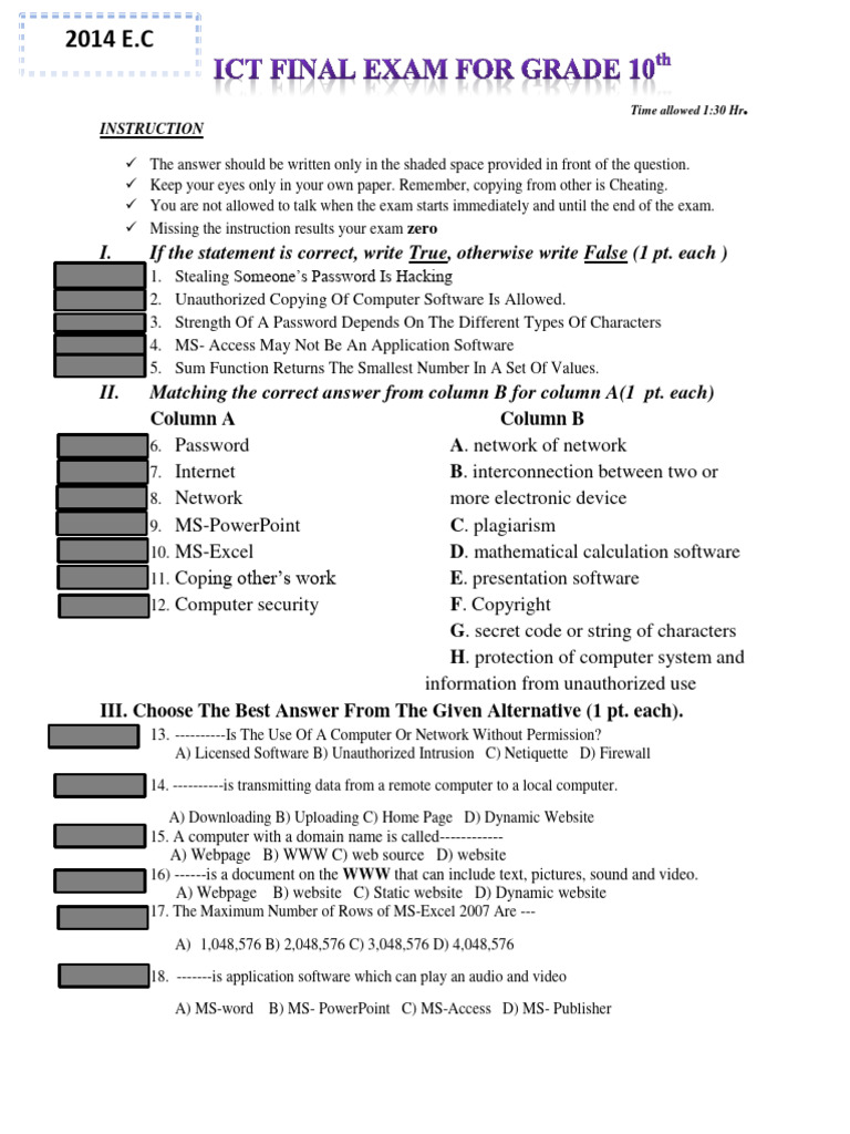 Final Exam For Grade10 | PDF