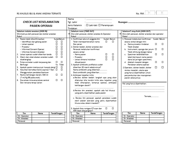 Cek List Keselamatan Pasien Pre Opp | PDF