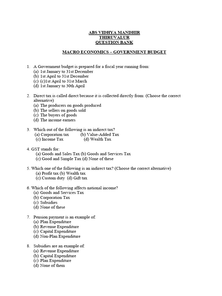 Class 12 Government Budget Question Bank | PDF | Government Budget ...