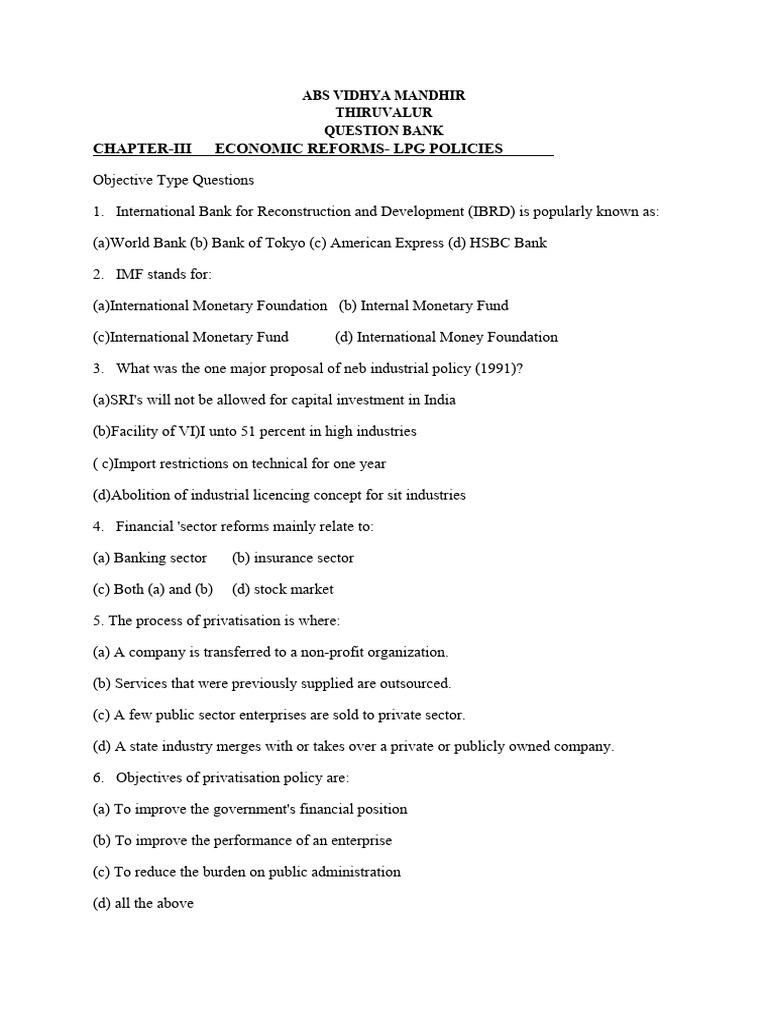 Economic Reforms Lpg-Question Bank | PDF | Taxes | Privatization